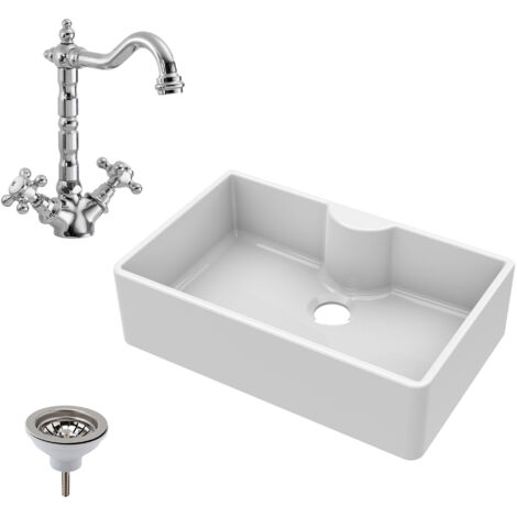 Fireclay 795mm 1 Bowl Butler Kitchen Sink - Tap Ledge with Classic Tap ...