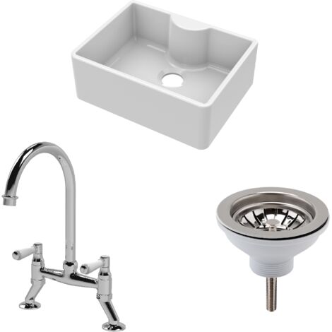 Fireclay 595mm Single Bowl Butler Kitchen Sink Bundle with Tap Ledge ...