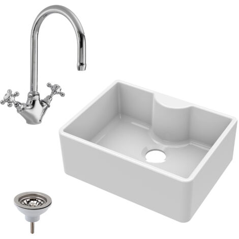 Fireclay 595mm 1 Bowl Butler Kitchen Sink with Tap Ledge, Mono Mixer ...