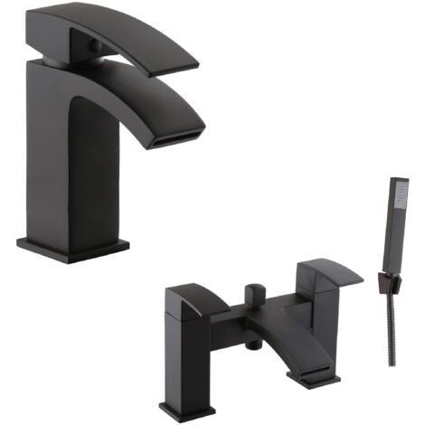 Contemporary Square Mono Basin Mixer Tap and Bath Shower Mixer Set - Black