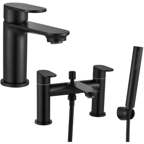 Round Mono Basin Mixer Tap and Bath Shower Mixer Tap Set - Black