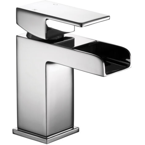 Modern Bathroom Square Waterfall Mono Basin Mixer Tap with Waste - Chrome