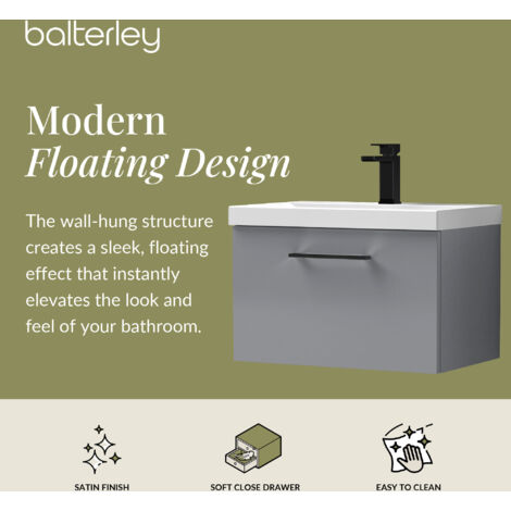 Balterley 600mm Wall Hung Bathroom 1 Drawer Vanity Unit and 1 Tap Hole ...