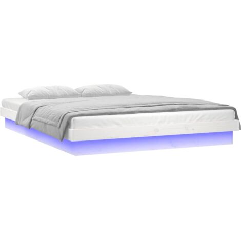 Massivholzbett，Schlafzimmerbett，Doppelbett mit LED-Beleuchtung Weiß ...
