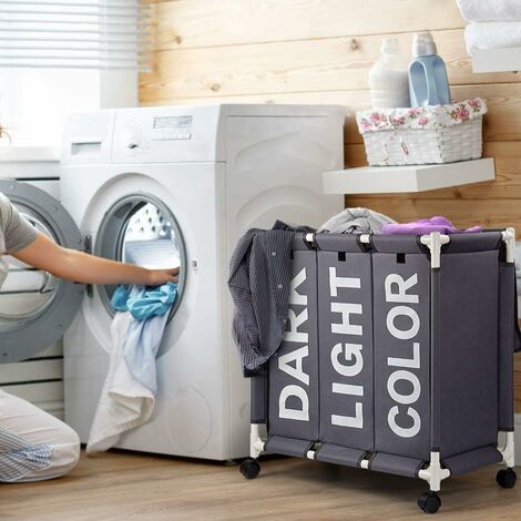 Triple Laundry Hamper with Wheels 90L Oxford Cloth 3 Compartment ...