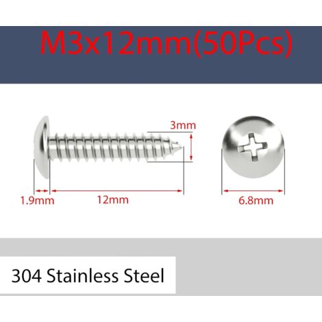 M3 x 12mm 50 Pcs Round Head Wood Screws 304 Stainless Steel Phillips ...