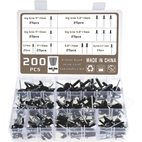 200pcs Black Aluminum Blind Rivets with Storage Box M3.2 M4 M4.8 for ...