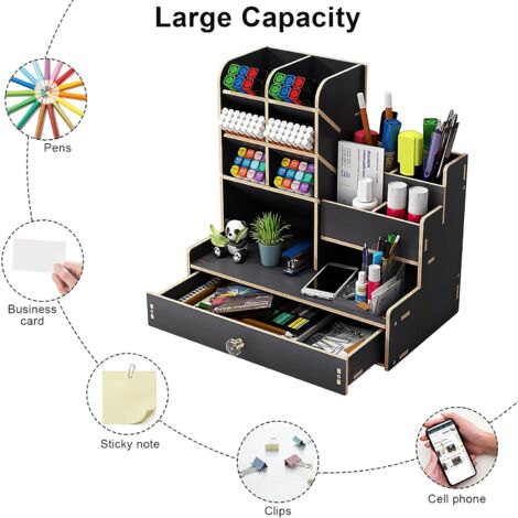 DIY Large Capacity Wooden Desk Organizer Storage Box with Drawer for ...