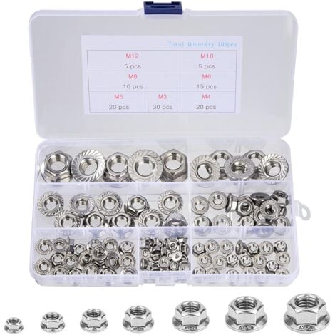 Lock Nut M3 M4 M5 M6 M8 M10 M12 Stainless Steel Hex Flange Nuts with Serrated Assortment Kit 105 ...