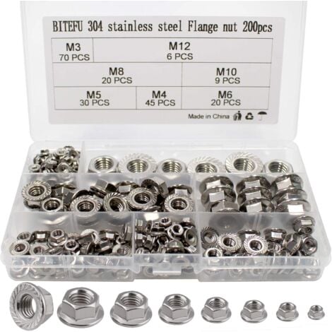 200pcs Hex Lock Nuts Flange Nut Flange Nuts 304 Stainless Steel M3 M4 ...