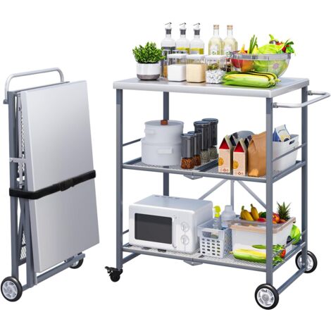 YODOLLA Folding Kitchen Trolley 3 Tiers Rolling Cart,Foldable Storage ...