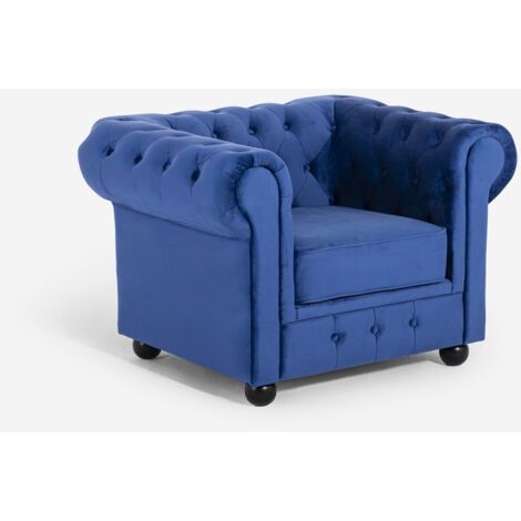 Fauteuil de salon style classique Chesterfield en velours Coventry - Bleu