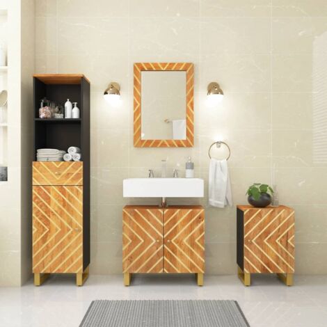 Set Mobili da Bagno 4pz, Armadio da Bagno Marrone e Nero Legno Massello ...
