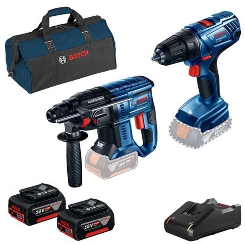 Bosch Outillage - Set Perceuse et marteau perforateur sans fil 18V, 2 batteries Li-Ion de 4,0 Ah ...