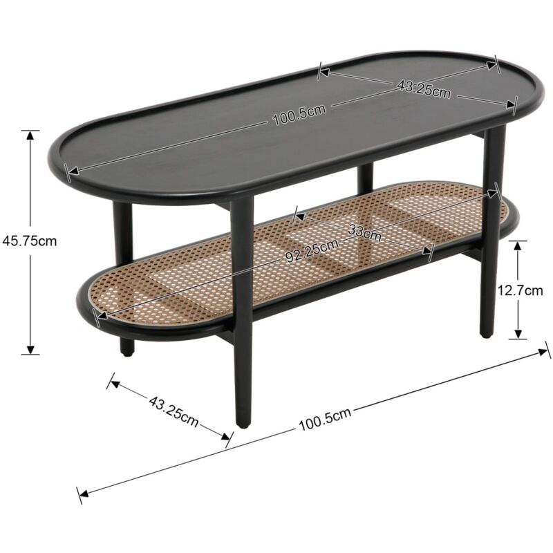Coffee Table Snack Tea Center Table with Rattan Shelf Cocktail Side Table Wood Frame for Home Bedroom Living Room Office Black