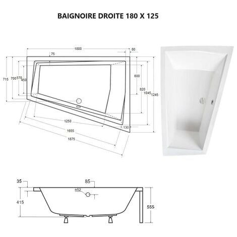 Baignoire asymétrique blanche + tablier noir + repose tête - 180 x 125 - Droite - INTIMA DUO