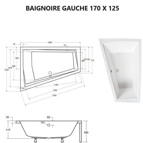 Baignoire asymétrique blanche + tablier noir + repose tête - 170 x 125 - Gauche - INTIMA DUO