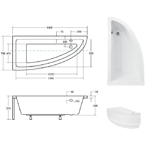 Baignoire asymétrique blanche + tablier noir + repose tête - PRAKTIKA - 150 x 70 - Gauche