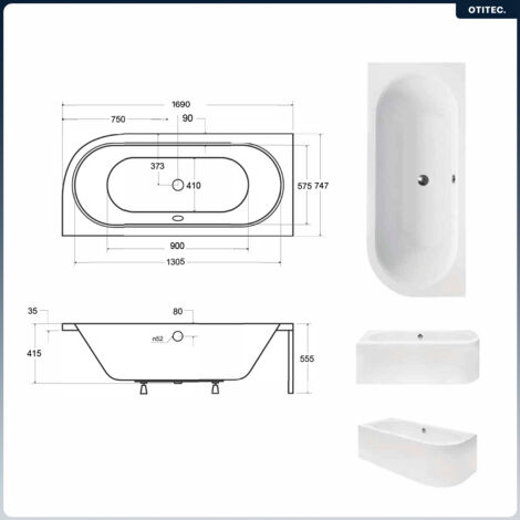 Baignoire d'angle asymétrique 170 cm gauche AVITA pour petite pièce ...