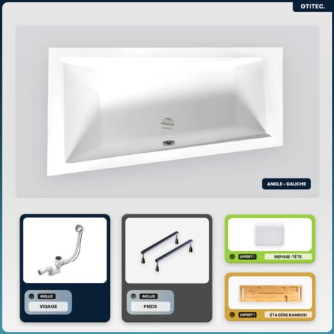 Baignoire asymétrique - 160 x 90 cm - Gauche - sans Habillage - avec Pieds - Repose-tête ...