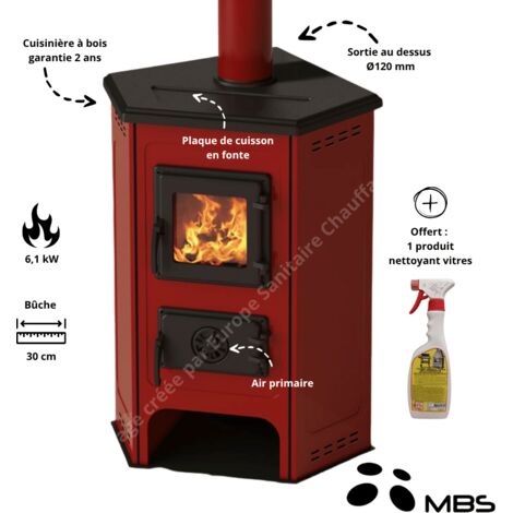 Cuisinière à bois 6,1 kW Nora Angle MBS - Couleur rouge