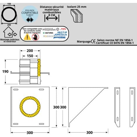 Support mural inox conduit double paroi isolé Edilinox - Diamètre 200 mm