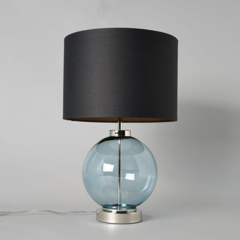 Litecraft Table Lamp Blue Tint Glass Base With Drum Shade - Polished Nickel
