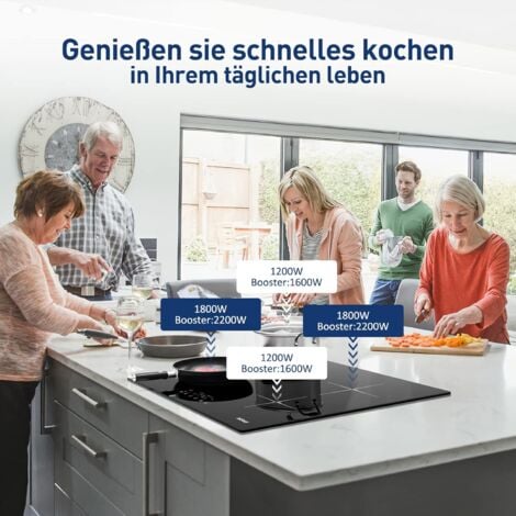 IsEasy 4 Zonen Einbau Induktionskochfeld mit 9 Leistungsstufen & Timer ...