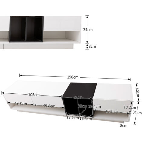 Meuble TV brillant 190x40x42cm blanc et noir design contemporain ...