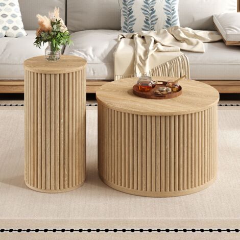 Lot 2 tables basses rondes 60/30 cm, MDF effet bois, design lattes 3D ...