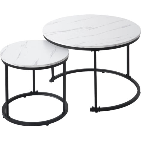 Lot 2 tables basses rondes effet marbre blanc, MDF, cadre acier, salon ...