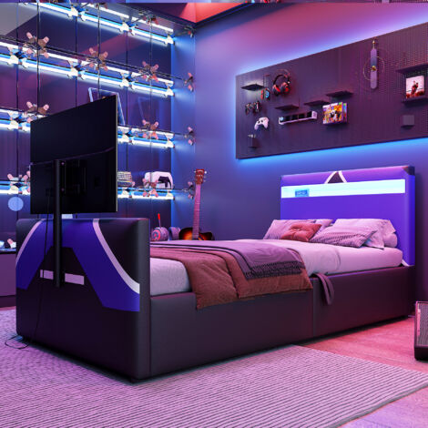 Lit gaming 90x200 enfant/ado, coffre hydraulique, LED RGB, support TV ...