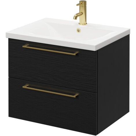 Napoli Nero Oak 600mm Wall Mounted Vanity Unit with 1 Tap Hole Basin ...