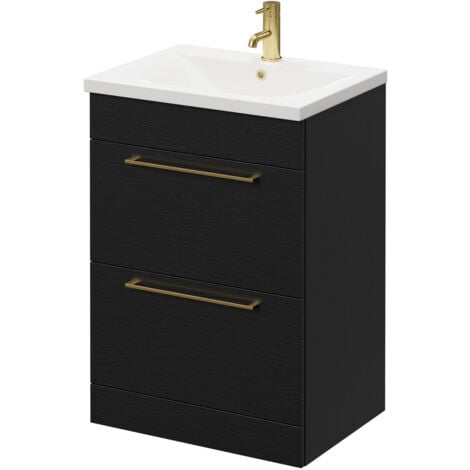 Napoli Nero Oak 600mm Floor Standing Vanity Unit with 1 Tap Hole Basin ...