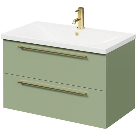 Napoli Olive Green 800mm Wall Mounted Vanity Unit with 1 Tap Hole Basin ...