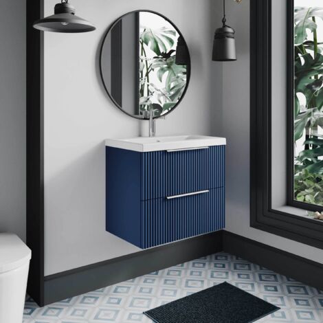 Hudson Reed Fluted Satin Blue 600mm Wall Hung 2 Drawer Vanity Unit and ...