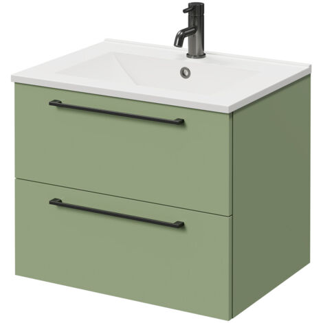 Napoli Olive Green 600mm Wall Mounted Vanity Unit with 1 Tap Hole ...