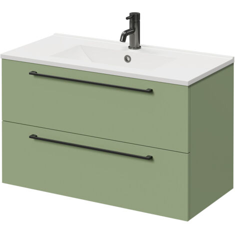 Napoli Olive Green 800mm Wall Mounted Vanity Unit with 1 Tap Hole ...