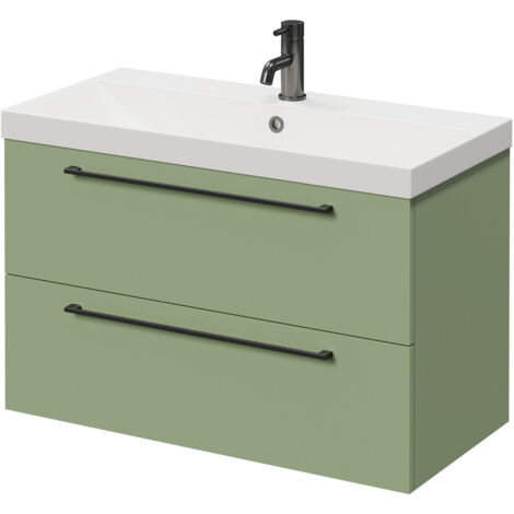 Napoli Olive Green 800mm Wall Mounted Vanity Unit with 1 Tap Hole Slim ...