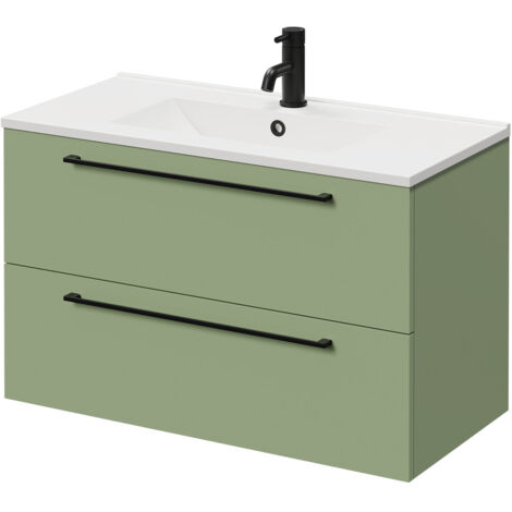 Napoli Olive Green 800mm Wall Mounted Vanity Unit with 1 Tap Hole ...