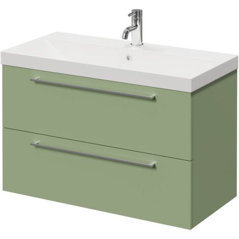 Napoli Olive Green 800mm Wall Mounted Vanity Unit with 1 Tap Hole Slim ...