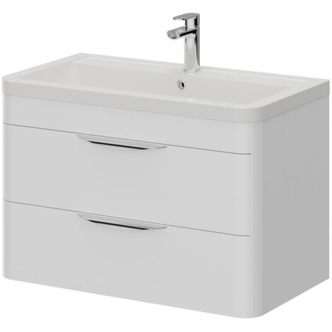 Oslo Gloss White 800mm Wall Mounted 2 Drawer Vanity Unit and Ceramic ...
