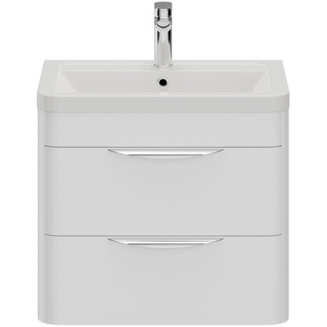 Oslo Gloss White 600mm Wall Mounted 2 Drawer Vanity Unit and Ceramic ...