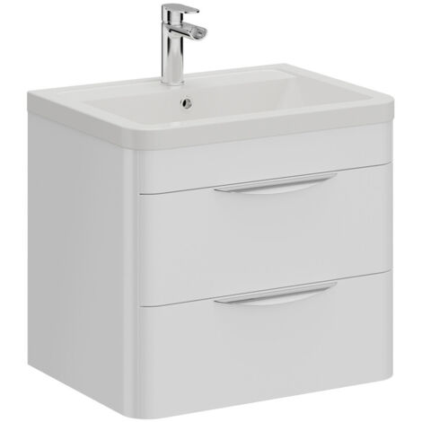 Oslo Gloss White 600mm Wall Mounted 2 Drawer Vanity Unit and Ceramic ...