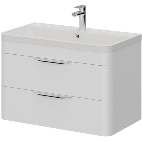 Oslo Gloss White 800mm Wall Mounted 2 Drawer Vanity Unit and Polymarble ...
