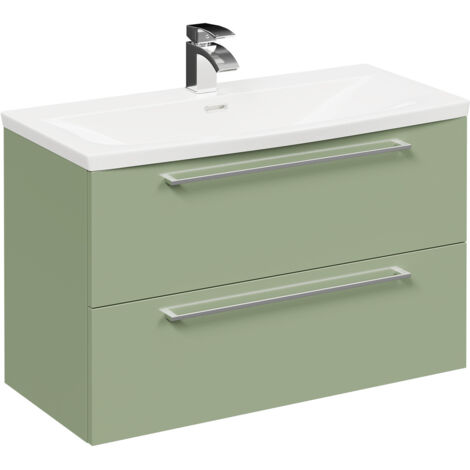 Napoli Olive Green 800mm Wall Mounted Vanity Unit with 1 Tap Hole ...