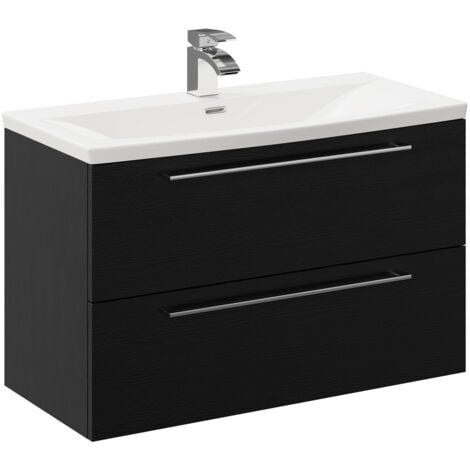 Napoli Nero Oak 800mm Wall Mounted Vanity Unit with 1 Tap Hole Curved ...