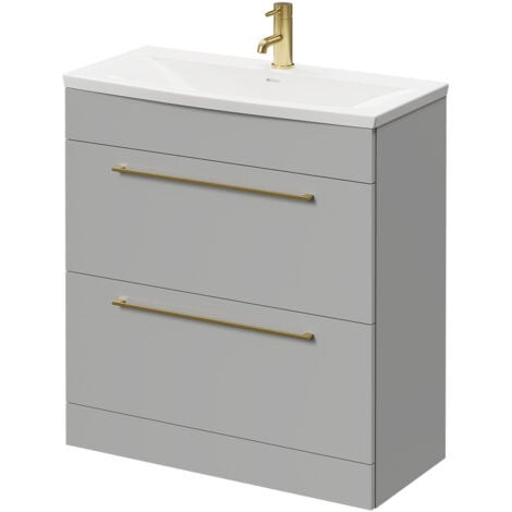 Napoli Gloss Grey Pearl 800mm Floor Standing Vanity Unit with 1 Tap Hole Curved Basin and 2 ...