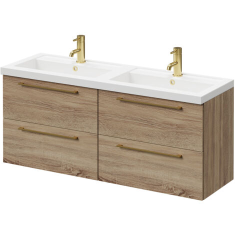 Napoli Bordalino Oak 1200mm Wall Mounted Vanity Unit with Polymarble ...