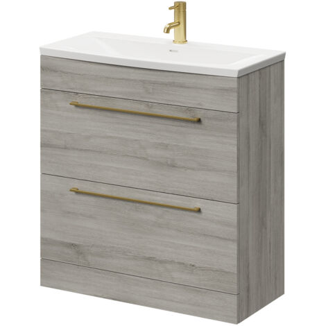 Napoli Molina Ash 800mm Floor Standing Vanity Unit with 1 Tap Hole Curved Basin and 2 Drawers ...